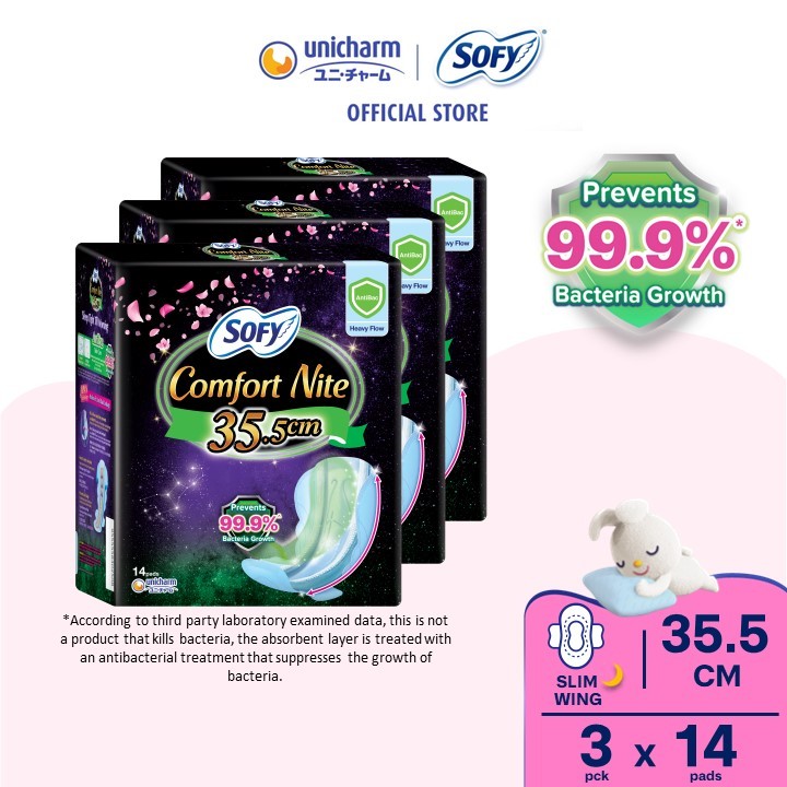 SOFY Comfort Nite Anti Bacterial Cottony Soft Night Slim Wing Sanitary Pad 35.5cm 14pcs (3 Packs ...