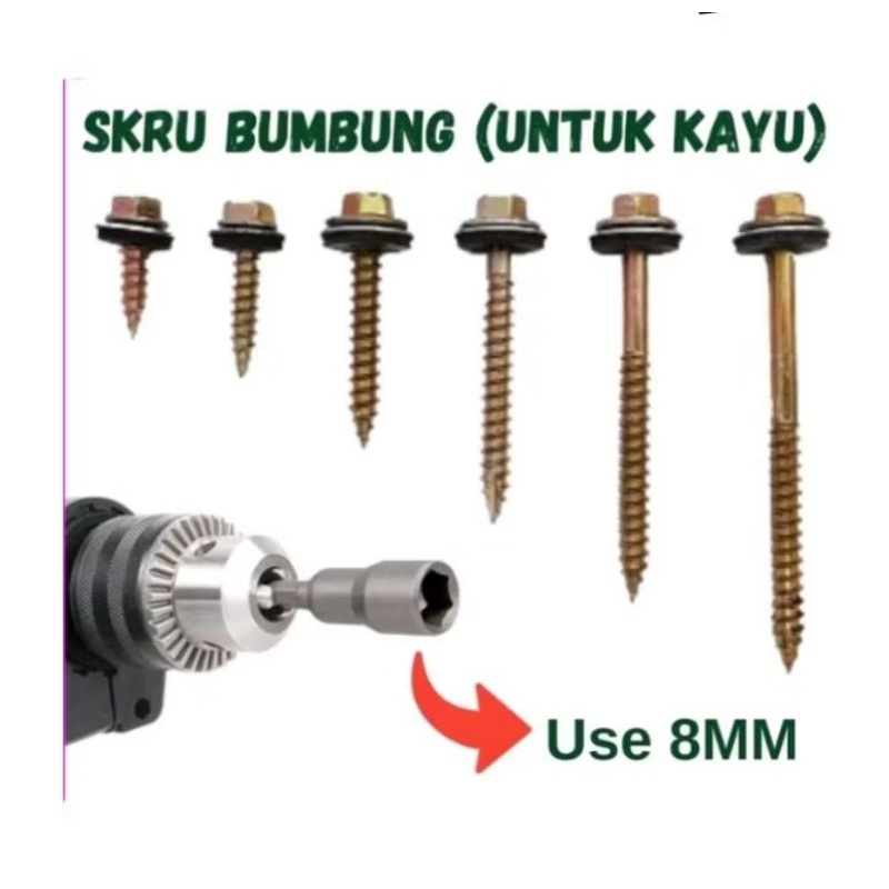 50pcs [Wood/Kayu] (besi/steel) Self Dpriling Screw /Awning Screw /Skru ...