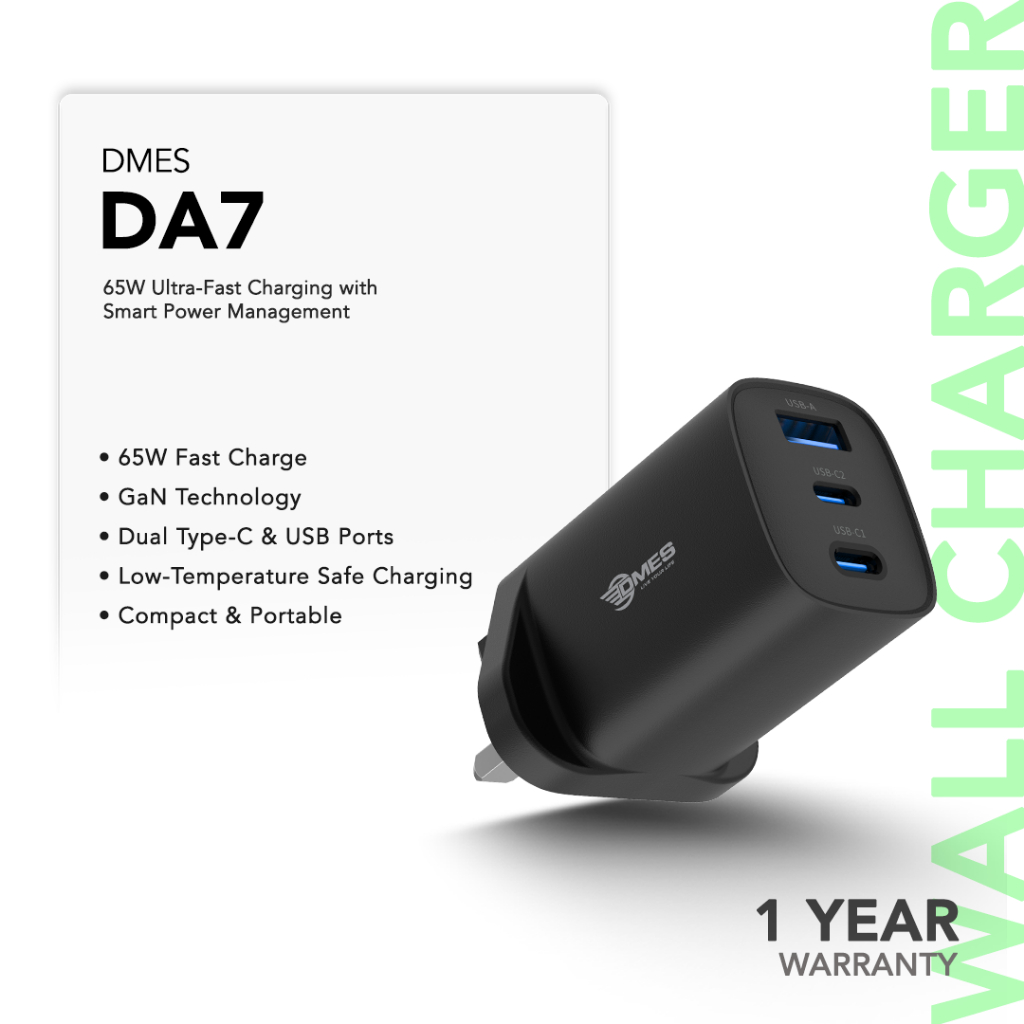 Dmes DA7 65W GaN Fast Charger USB C USB A Triple Port PD QC Compact Adapter Smart Power ...