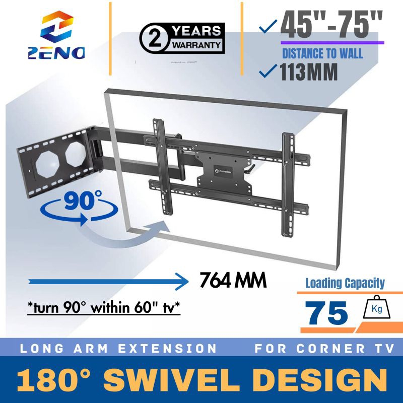 Zeno LP610 45"-75" 90° Swivel Long Arm Wall Mount Tv Bracket 764mm Extension TV Mount Swivel and ...