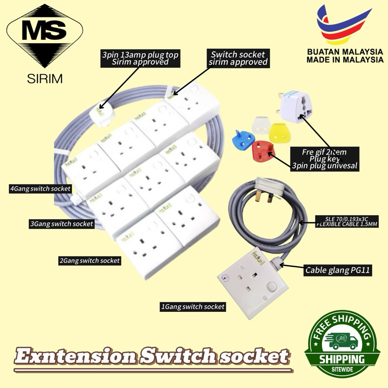 Exntension Switch socket 1G 2G 3G 4G huavy duty full power 3000W 3500W | Shopee Malaysia