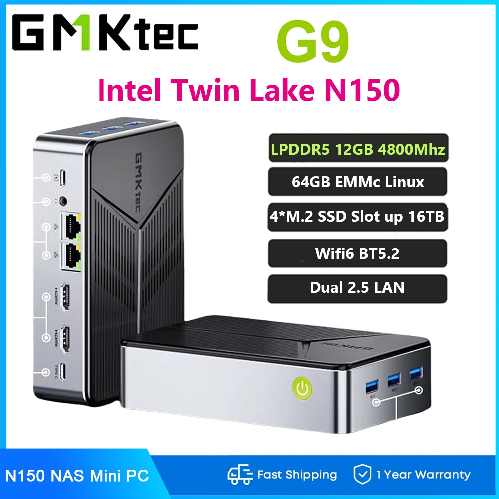 GMKtec Mini PC NAS G9 Intel N150 12GB DDR5 64GB EMMC + 1TB M.2 SSD Dual ...
