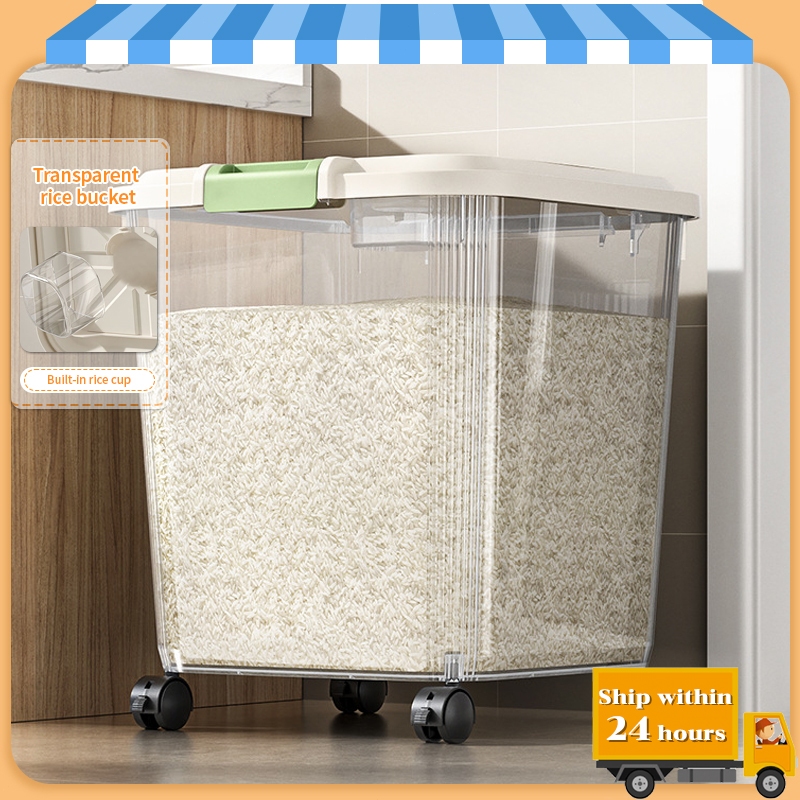 Rice Storage Bucket With Wheels Transparent Dry Insect-Proof Rice Box ...