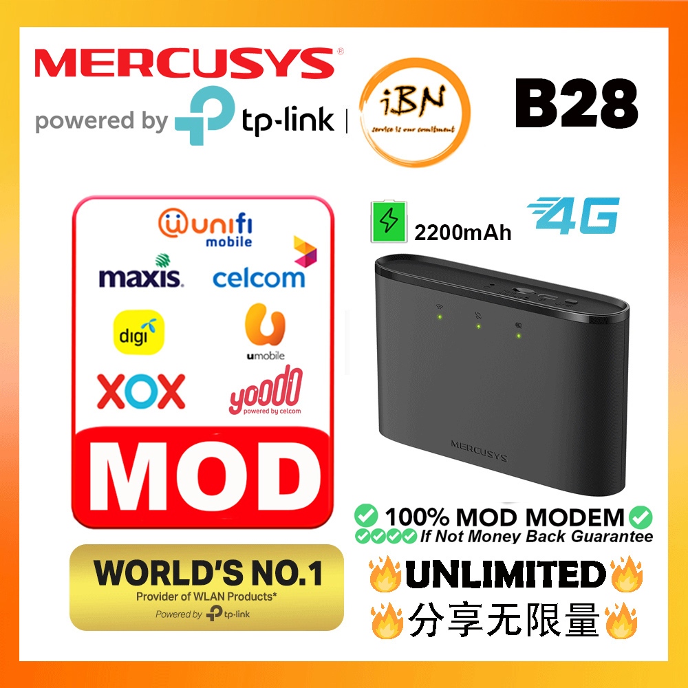 Mercusys🔥UNLIMITED🔥Mod Modem MT110 150Mbps Pocket WiFi 4G LTE with B28 SIM Card Plug and Play ...