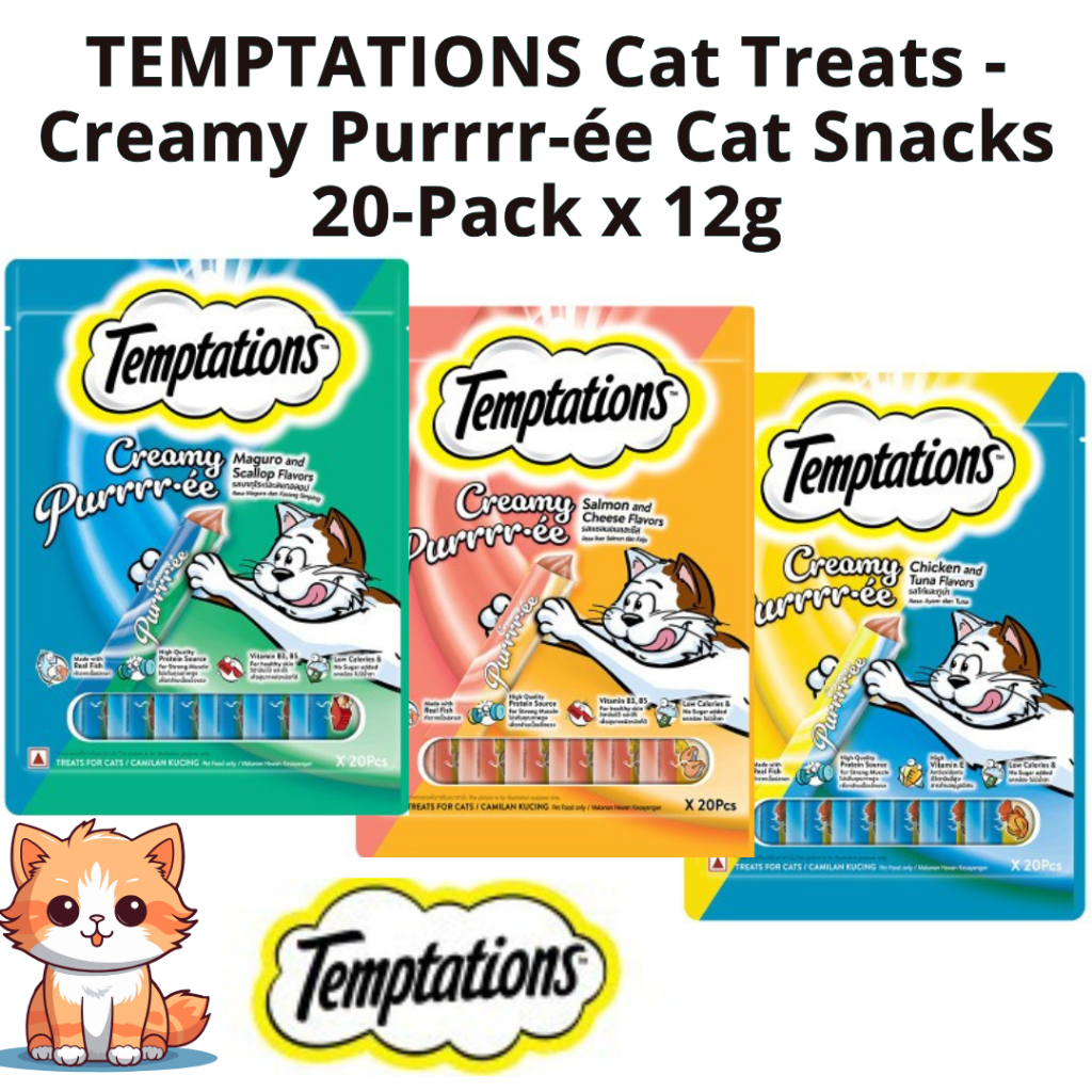 TEMPTATIONS Cat Treats Creamy Purrrr-ée Cat Snacks (20-Pack)x12g / Snek ...
