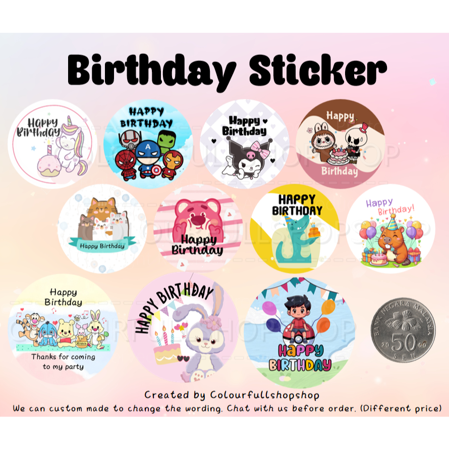 40pcs Happy Birthday Sticker Hari Jadi Cartoon Stellalou Unicorn Labubu ...