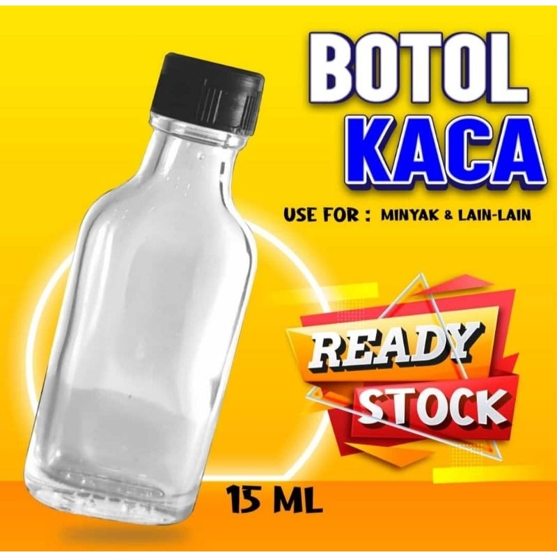 Botol kaca glass bottle tranparent flat leper ada stopper isi ubat ...