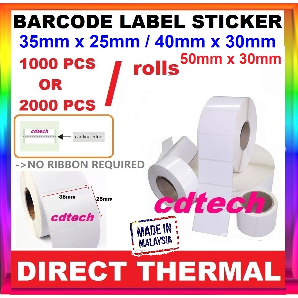 Thermal Barcode Label Barcode Sticker 35mm x 25mm 40mm x 30mm 50mm x ...