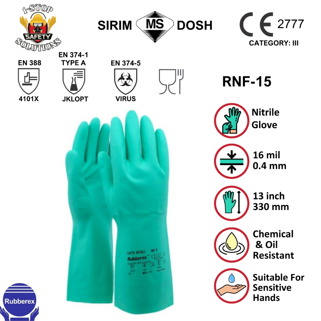 Rubberex 13" Reusable Nitrile Lining Green Rubber Glove Chemical ...