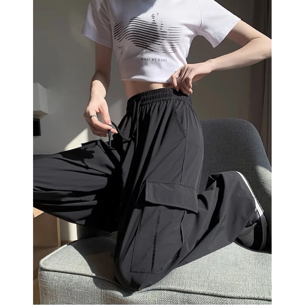 New women straight leg loose casual cargo pants side pockets drawstring ...