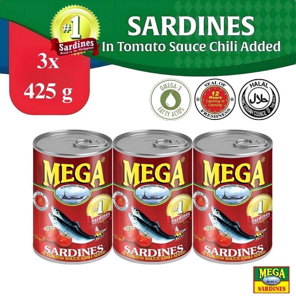 Mega Sardines Ikan Sardin Tin in Tomato Sauce Chili Added 3 x 425G Cili ...