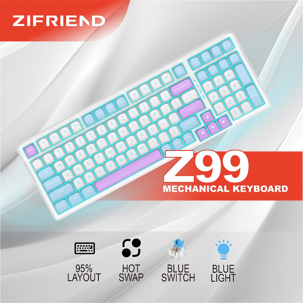 ZIFRIEND Z99 Mechanical Keyboard Wired Blue Switch Pluggable Blue Light ...