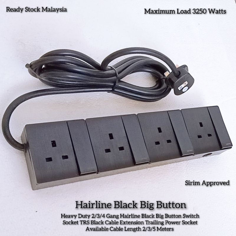 Heavy Duty 2/3/4 Gang Hairline Black Big Button Switch TRS Black Cable ...