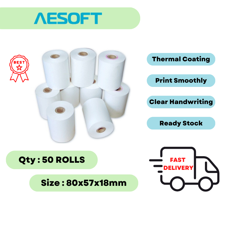 Resit/Receipt thermal Paper(50 Rolls) 24meter 68gsm 80x57mm | Shopee ...