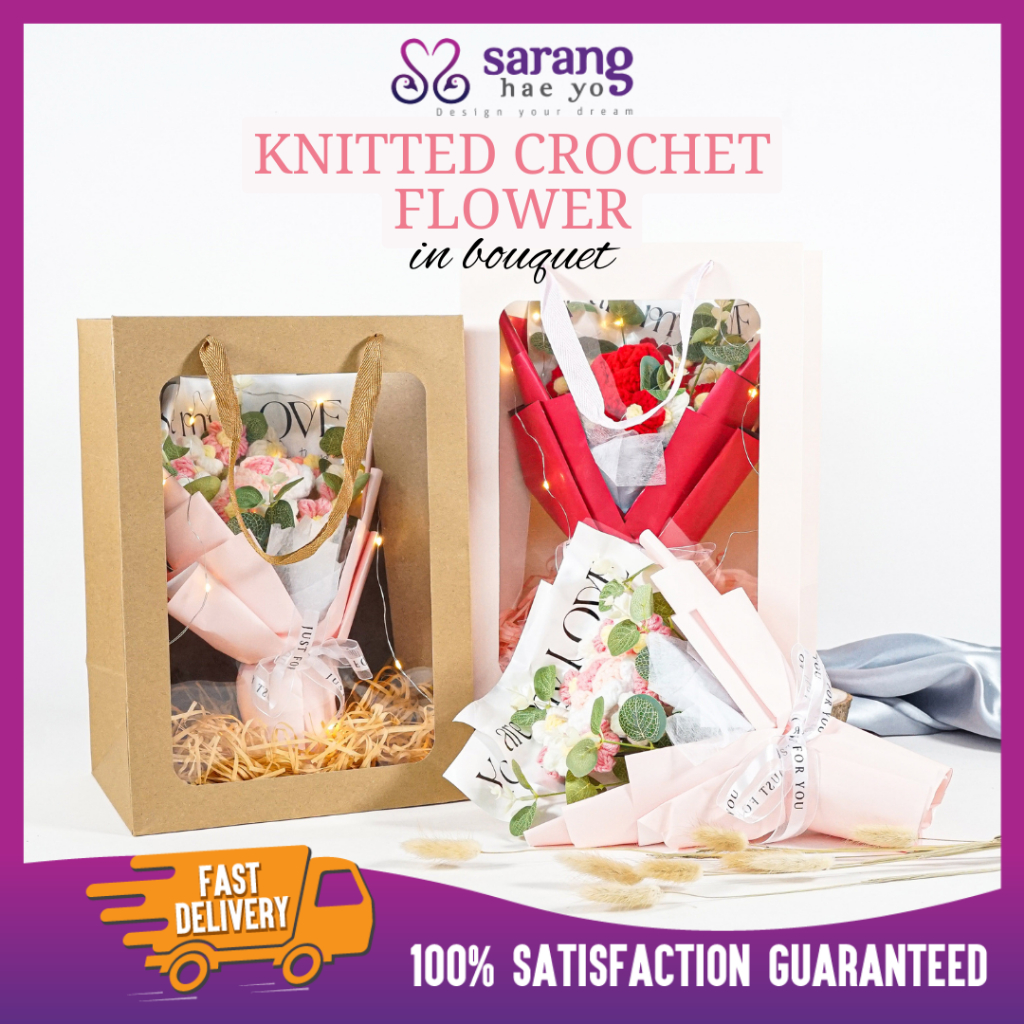 Knitted Crochet Flower Red Pink Big Bouquet Valentine's Day Teacher's ...
