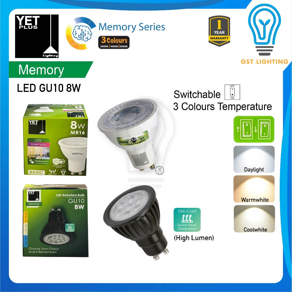 YETPLUS 8W 3CCT LED GU10 Bulb 3Colour Memory | PC / Aluminum Casing ...