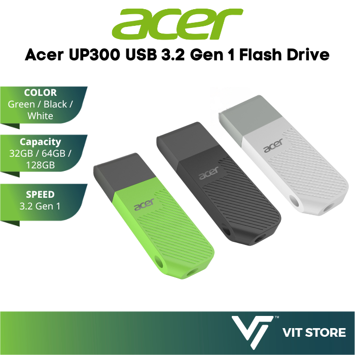Acer UP300 New-gen USB 3.2 Gen 1 Pemacu Denyar Hijau / Hitam / Putih 32GB / 64GB / 128GB RAM ...