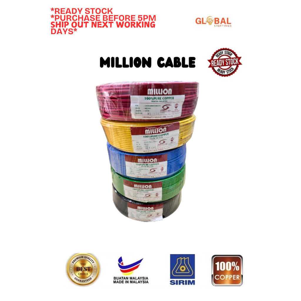MILLION Cable 1.5mm 2.5mm PVC cable 100% Full Copper (SIRIM) Kabel ...