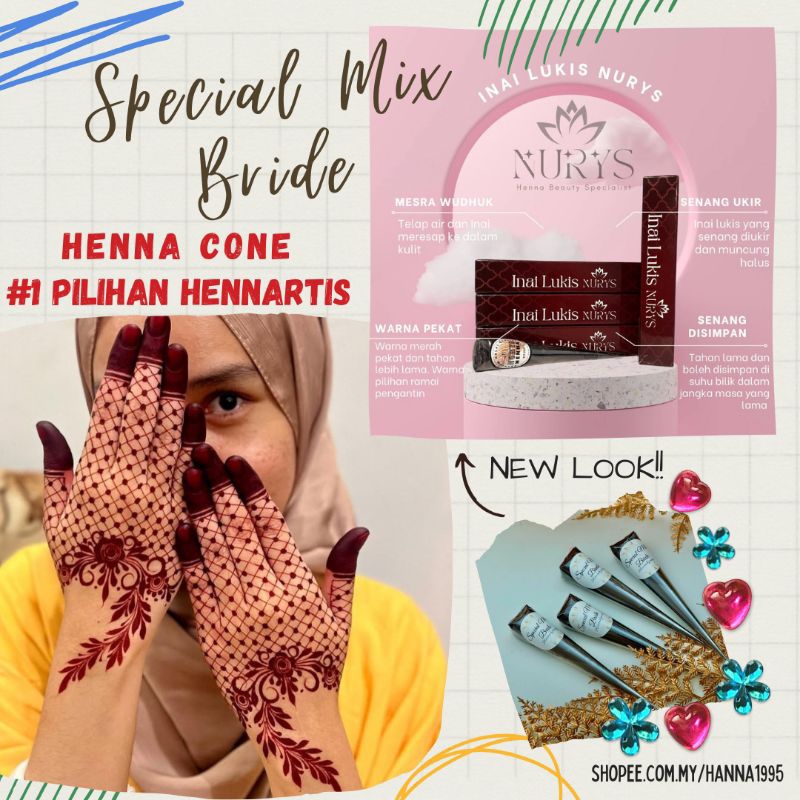 Inai lukis kon merah- inai pengantin, berjarum, merah red velvet, mudah ...