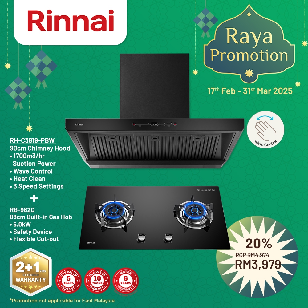 Rinnai Cooker Hood (90cm) RH-C3819-PBW + Built-in Gas Hob (88cm) RB-982G | Shopee Malaysia