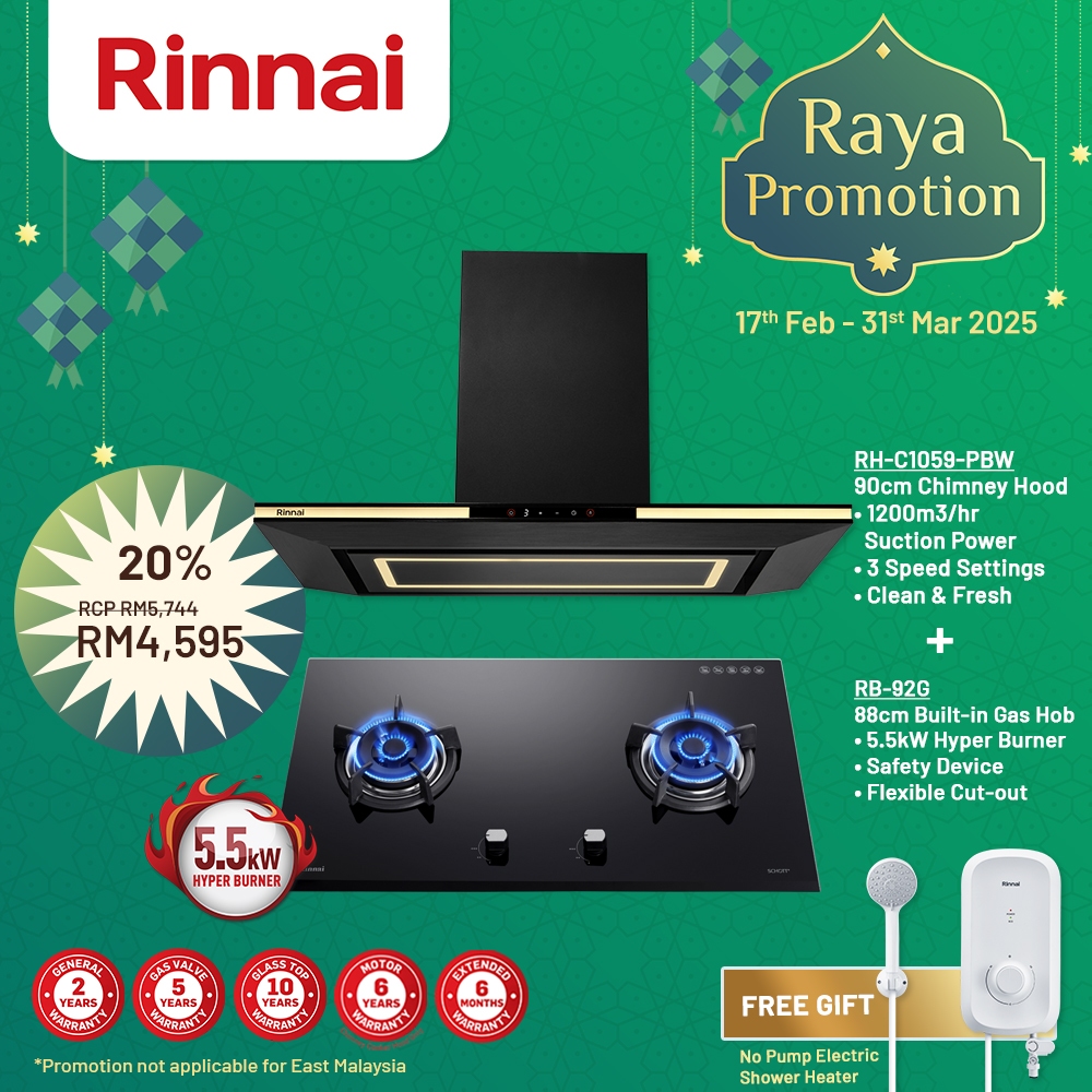 Rinnai Cooker Hood (90cm) RH-C1059-PBW + Built-in Gas Hob (88cm) RB-92G | Shopee Malaysia
