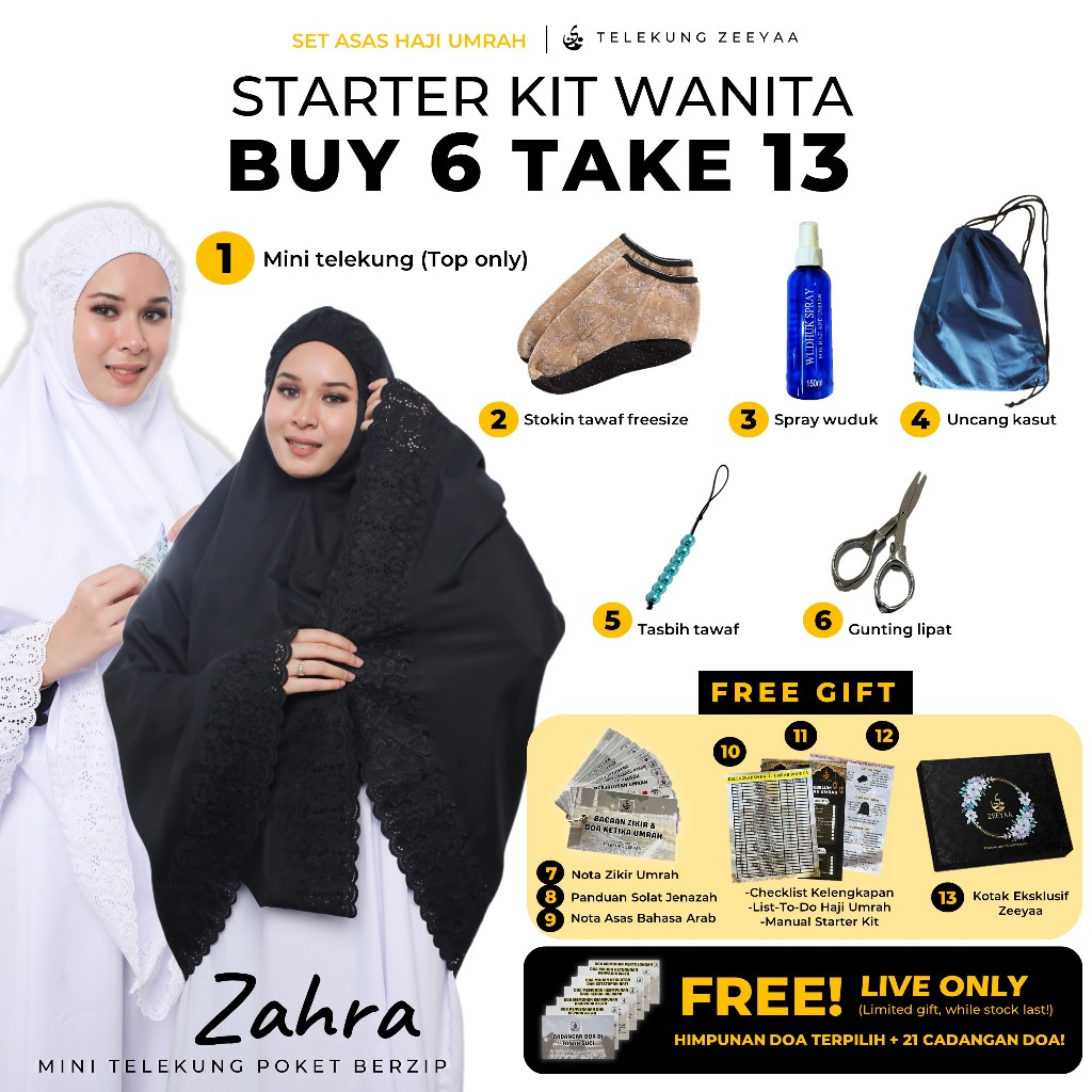 PLUS SIZE - Starter Kit Mini Telekung Umrah Berpoket Set Umrah Wanita Mini Telekung Cotton ...