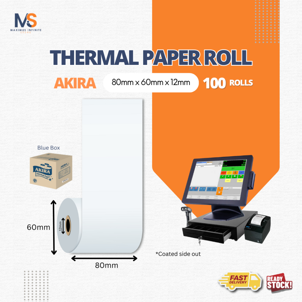 80mm x 60mm x 12mm - 100 Rolls (Blue Box) / Akira Thermal Receipt Paper ...