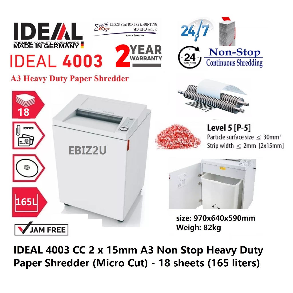 IDEAL 4003 CC 2 x 15mm A3 Non Stop Heavy Duty Paper Shredder (Micro Cut) - 18 sheets (165 liters ...