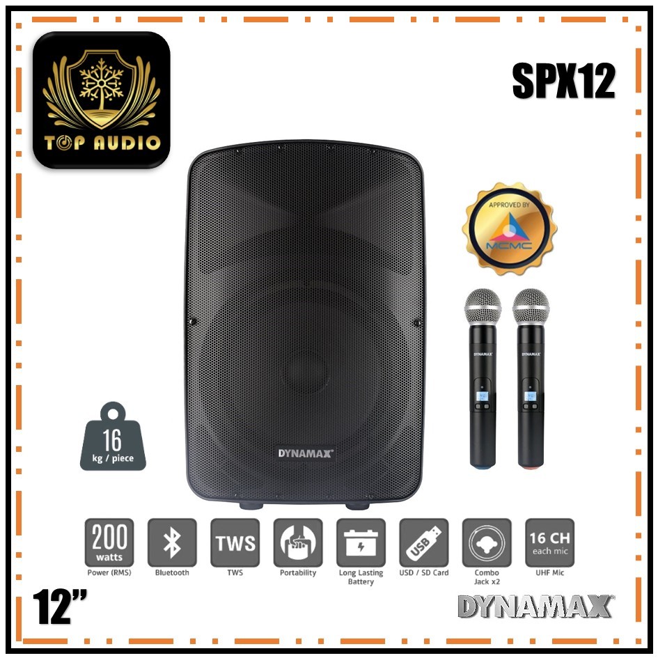 DYNAMAX SPX12 12" 200W Portable Speaker With Two UHF Handheld Mic, Bluetooth, TWS (MCMC ...