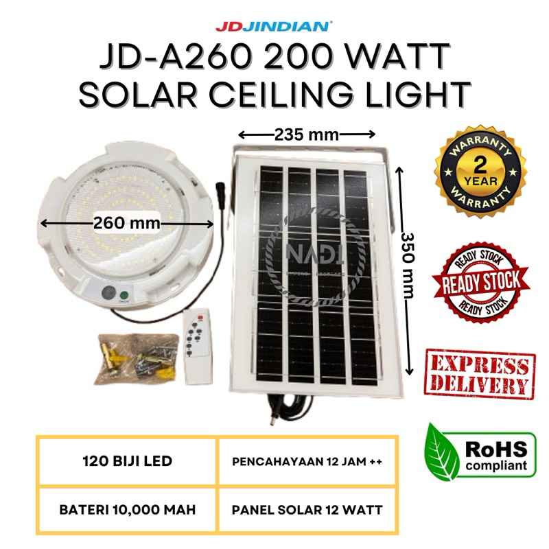 200 WATT JD SOLAR CEILING LIGHT / JINDIAN LAMPU SOLAR SILING 2 TAHUN ...