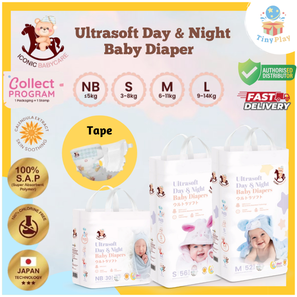 Iconic Babycare Ultrasoft Day & Night Baby Diaper Tape NB30/S56/M52/L48 ...