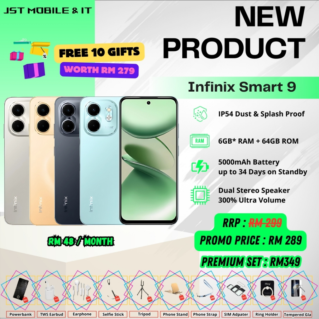 [ BUY 1 FREE 10 ] Infinix Smart 9 | 6GB* RAM + 64GB ROM | IP54 Splash ...