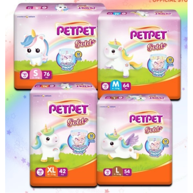 PetPet Tape Diaper Softy+ Mega Pack - Unicorn/S (76's)/M (64's)/L (54's ...