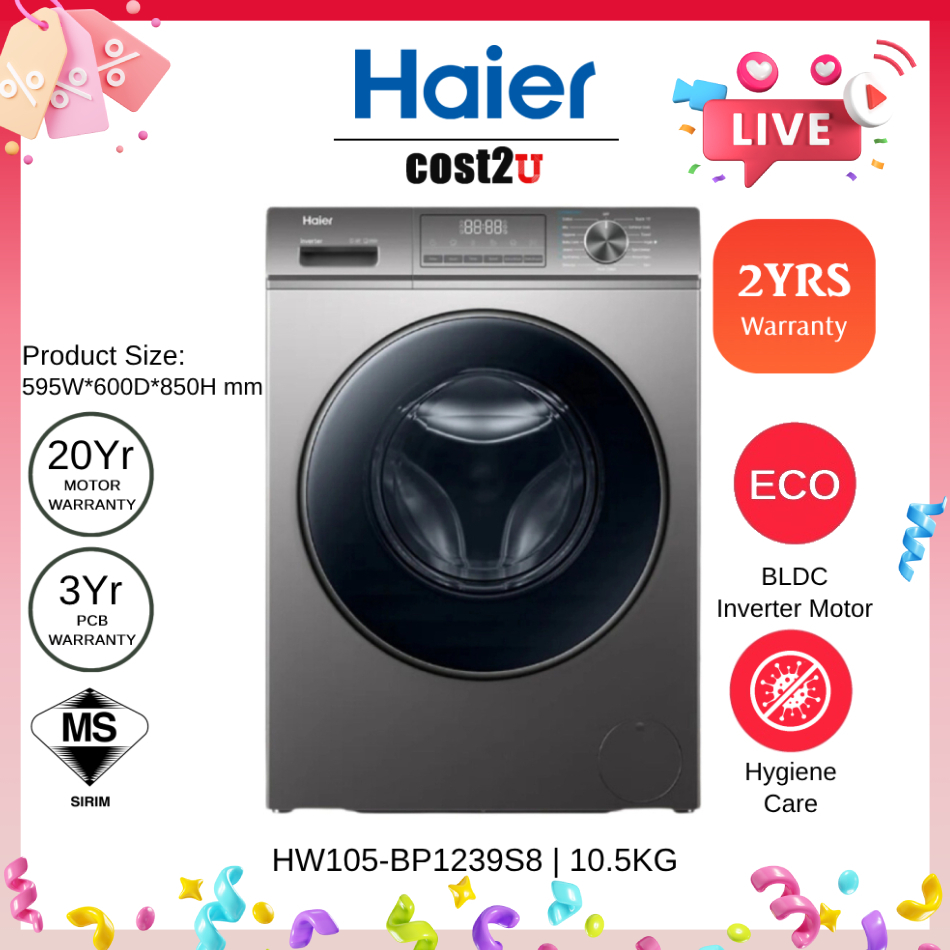 [𝐋𝐈𝐕𝐄] Haier 10.5KG Front Load Inverter Washing Machine | HW105-BP1239S8 (Mesin Cuci Washer ...