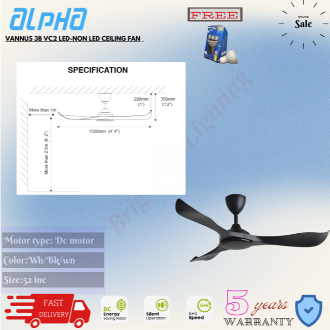 ALPHA Vannus VC2 3B DC Motor Ceiling Fan with 3 Blades 6 Speed Remote ...
