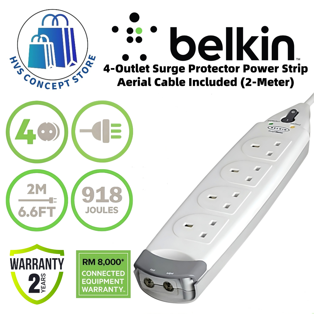 BELKIN 4-OUTLET SURGE PROTECTOR POWER STRIP WITH AERIAL PORT (2M ...