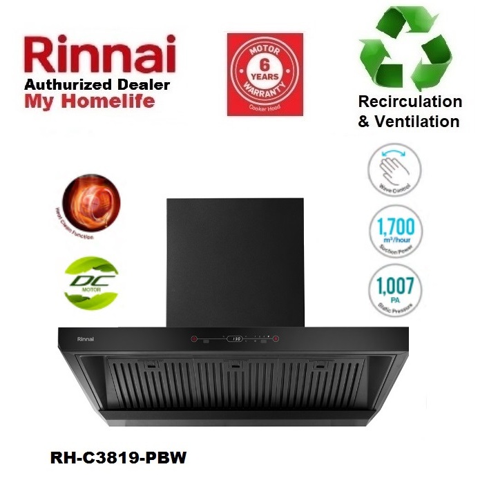 RINNAI CHIMNEY HOOD RH-C3819-PBW / 1007PA /1700M3/ HR SUCTION /HOT CLEAN / WAVE CONTROL | Shopee ...