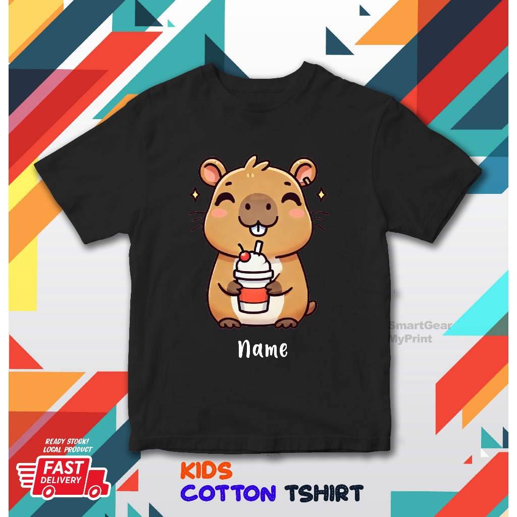 Capybara design Kids Tshirt 100% Cotton with FREE NAME UPON REQUEST ...