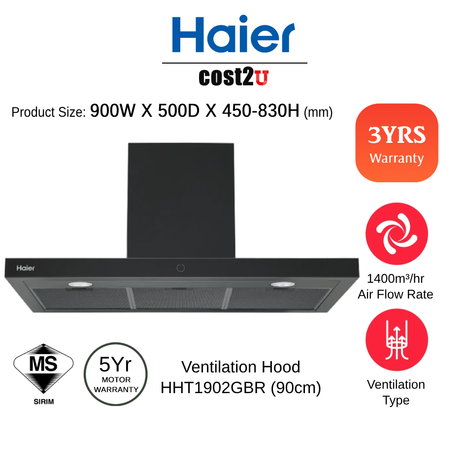 Haier 90cm Inverter Motor Ventilation Hood | HH-T1902GBR (Chimney Hoods ...