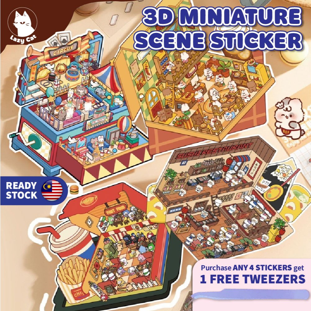 3D Miniature Scenes Sticker DIY Cute Cartoon Journal Korean Style ...