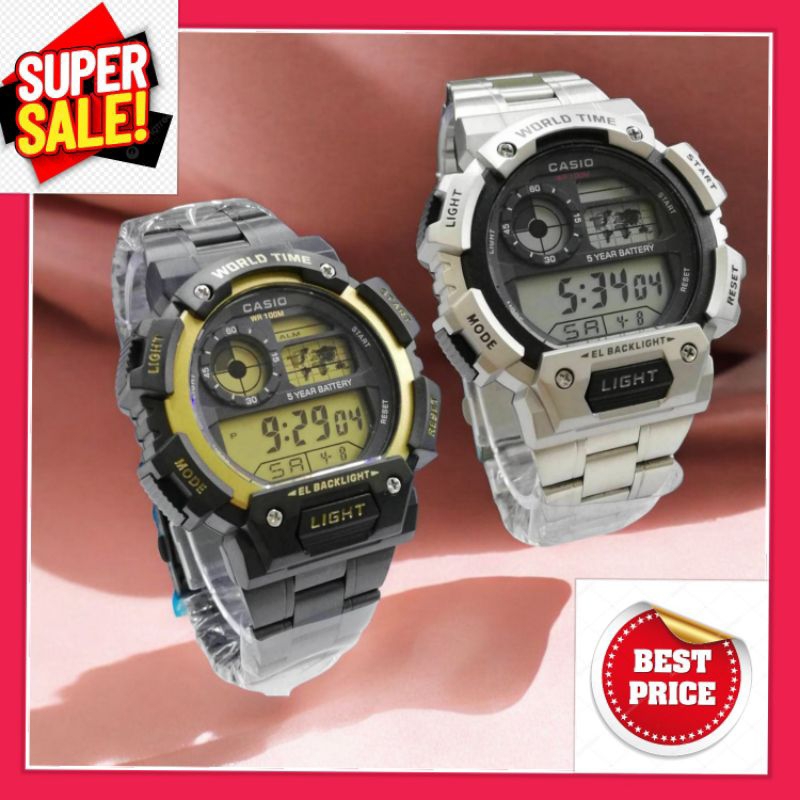 WORLD TIME AE-1400 DIGITAL MEN WATCH STEEL STRAP LIMITED EDITION ...