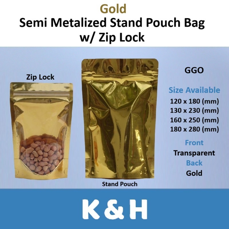 (50pcs) SEMI GOLD METALISED STAND POUCH / 1 Side GOLD 1 Side ...