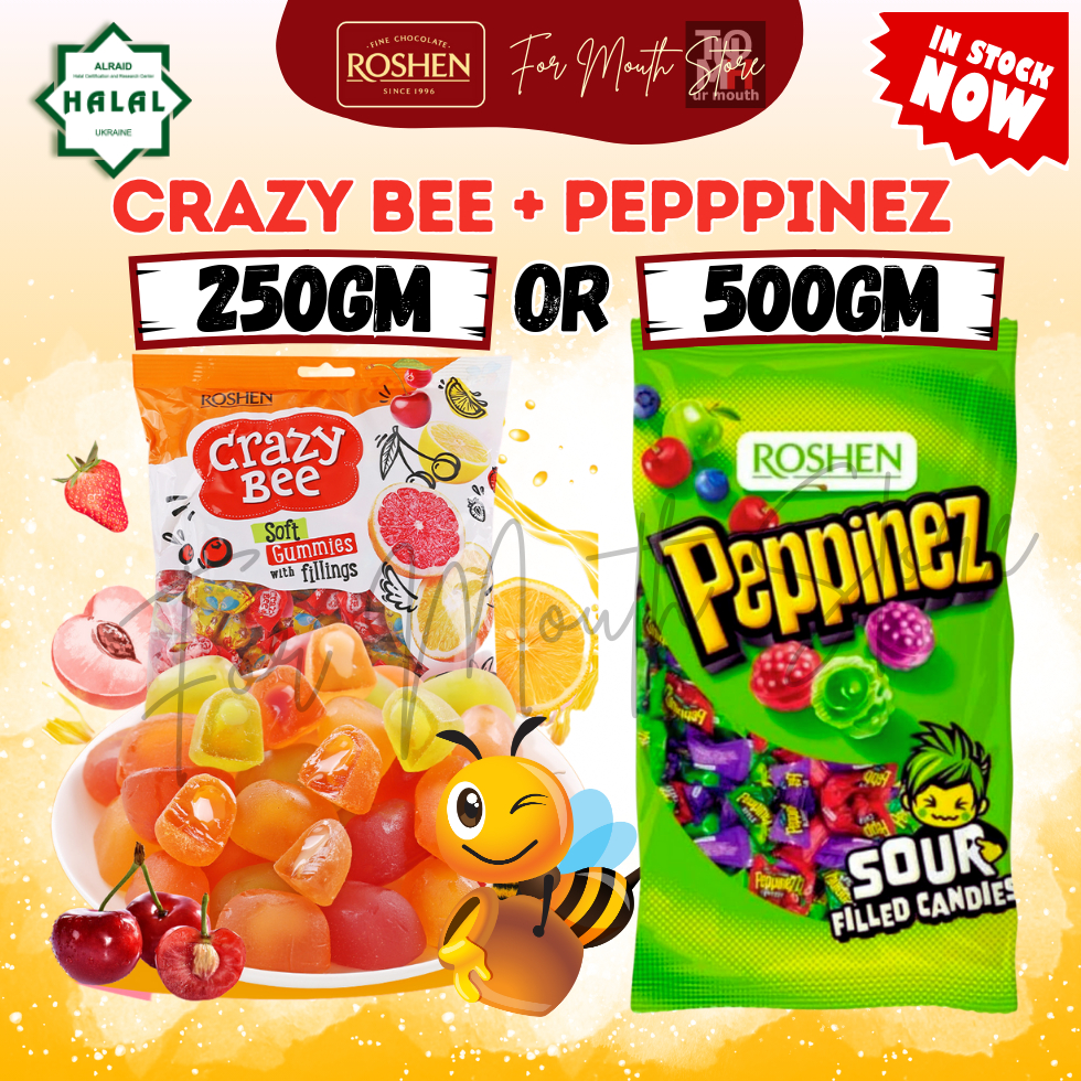 ROSHEN Crazy Bee Jelly Gummy Candy Crazy Bee Halal Peppinezz Sour Candy Gula gula masam ...