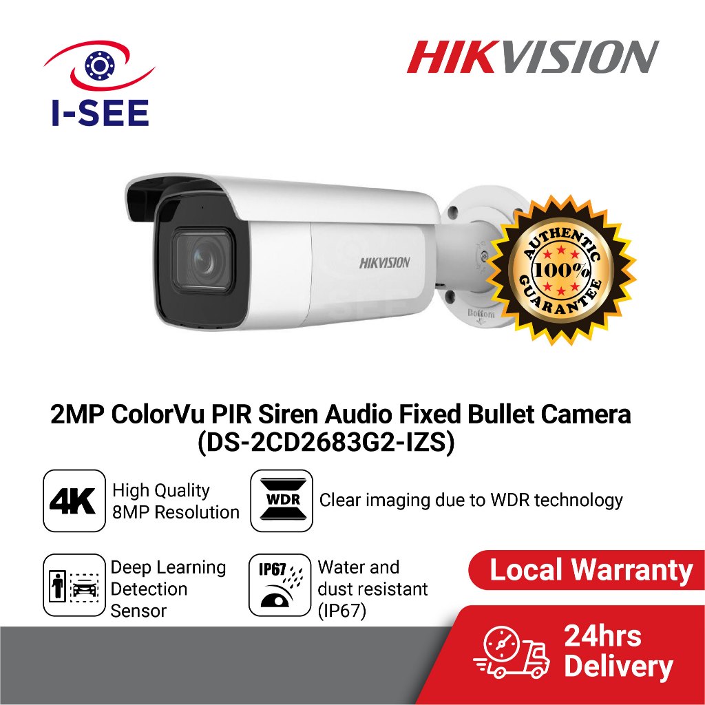 Hikvision 8MP DS-2CD2683G2-IZS AcuSense Motorized Varifocal Bullet Network Camera Audio and ...