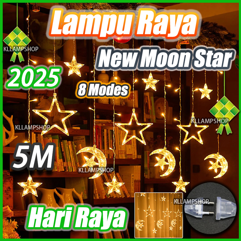 （Upgrade）5m Lampu Raya Curtain Fairy light 8mode Hari Raya 2025 Moon ...