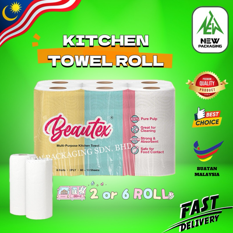BEAUTEX Kitchen Towel Roll | 2 / 6 Rolls | Kitchen Paper Towel Penyerap ...