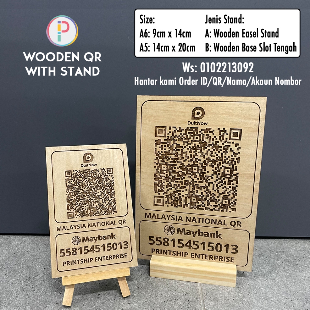 CUSTOM Wooden QR Code E-wallet Duitnow MAE TnG A6 A5 With Stand ...