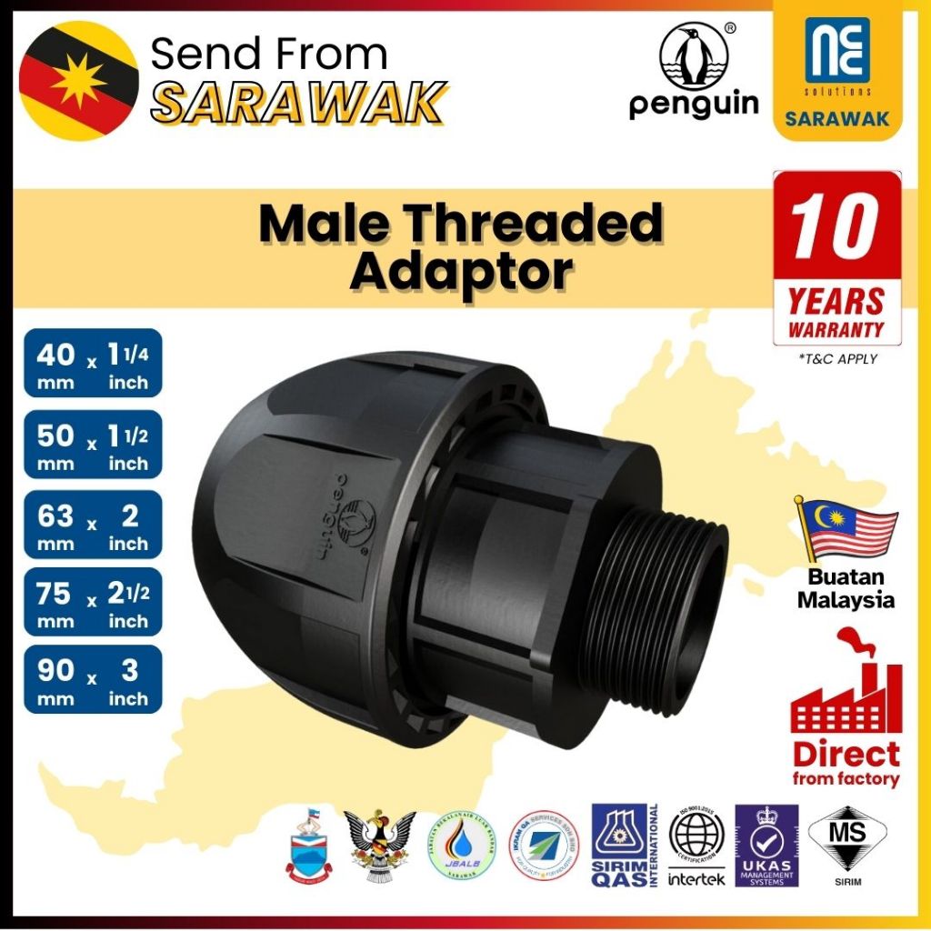 40mm -90mm Male Threaded Adaptor Penguin PN16 HDPE Compression Poly ...