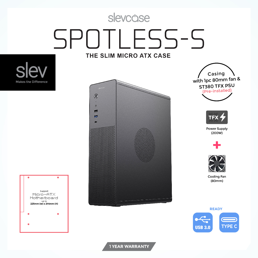 Slevcase Spotless S Slim Micro-ATX Casing with ST380 Power Supply ...