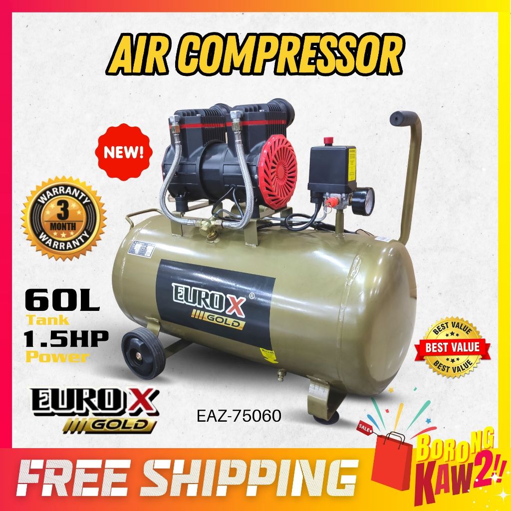 EUROX GOLD 1.5hp 60l 8 Bar 120L/min Oil Less Air Compressor Mesin Compressor Angin Kompresor ...